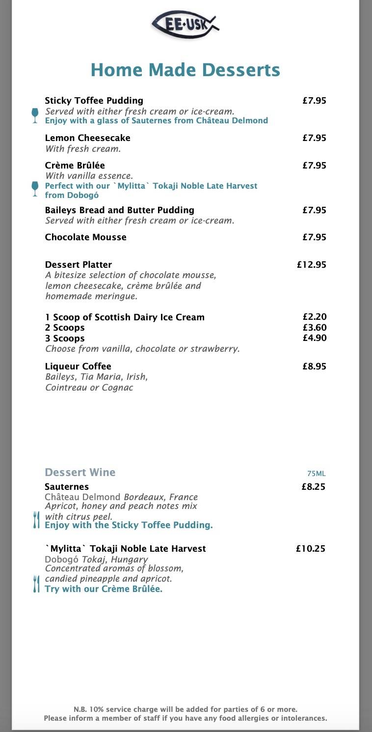Menu at EE-USK restaurant, Oban