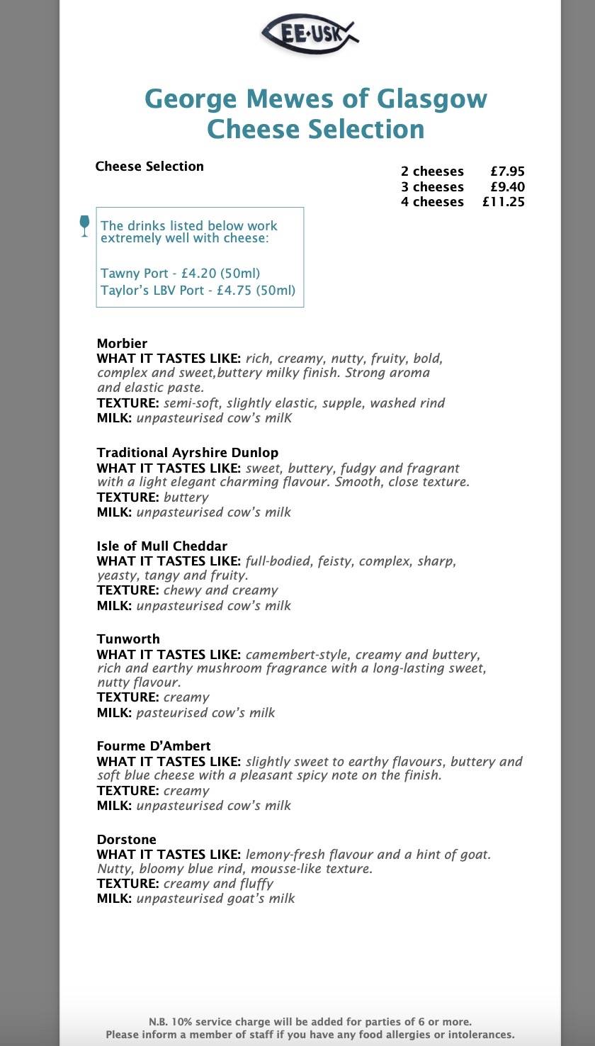 Menu at EE-USK restaurant, Oban