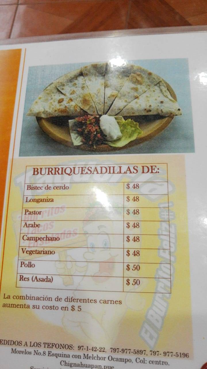 Carta del restaurante "EL BURRITO FELIZ", Chignahuapan