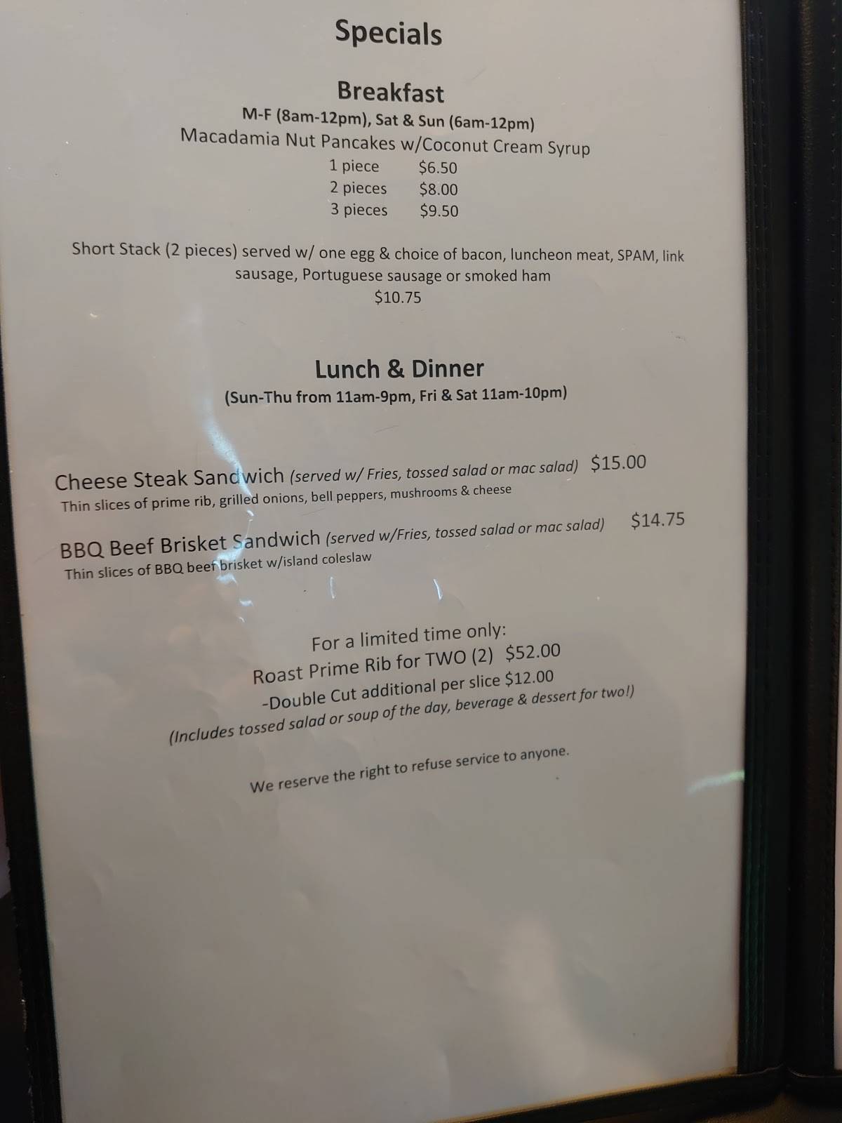 Menu at Eagle Cafe, Honolulu, N Nimitz Hwy # A100