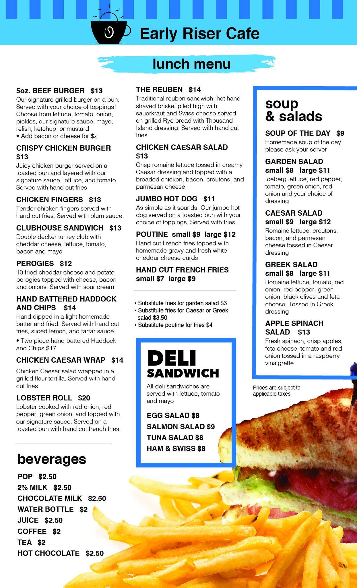 Menu at Early Riser Cafe on Wonderland, London
