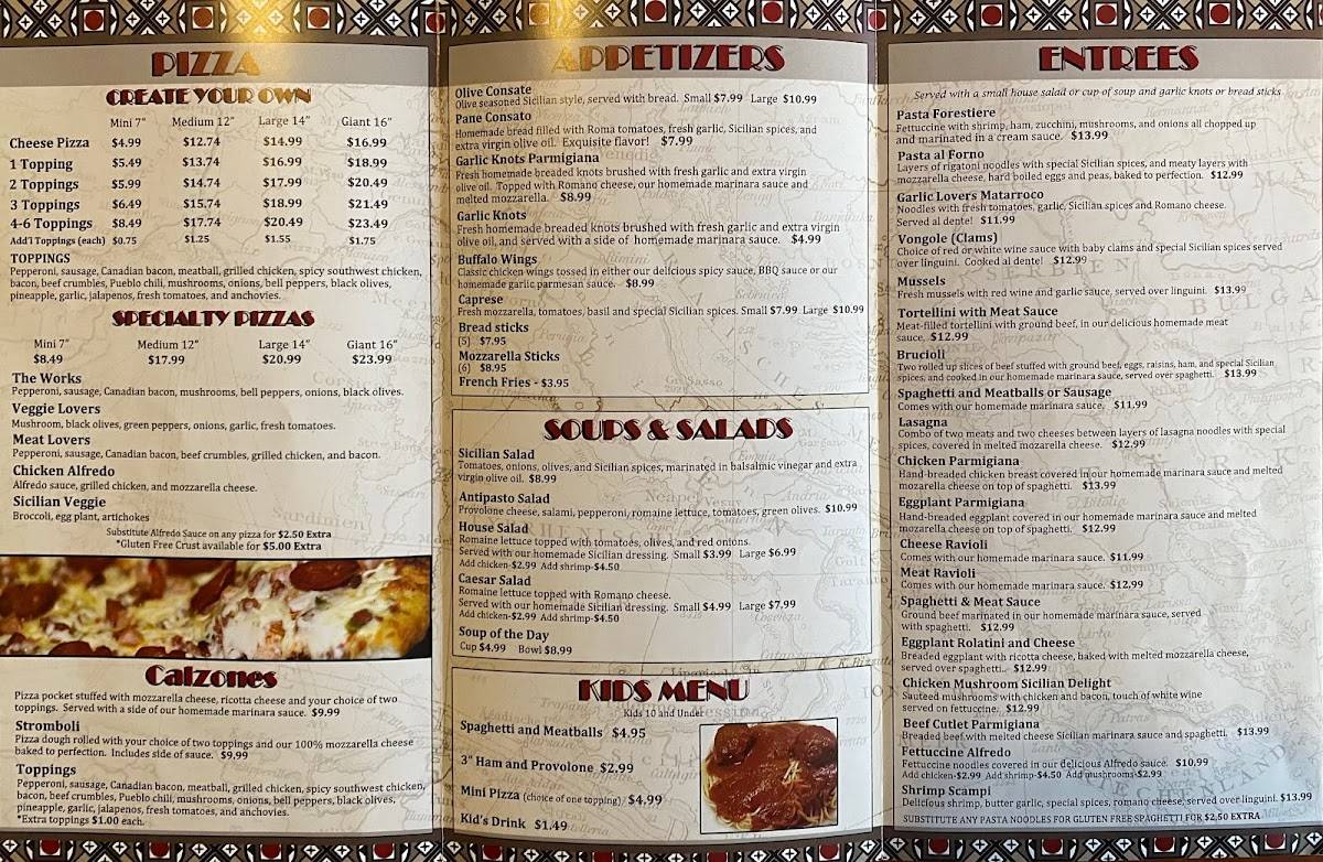 Menu at East Coast Pizza pizzeria, Pueblo, US-50