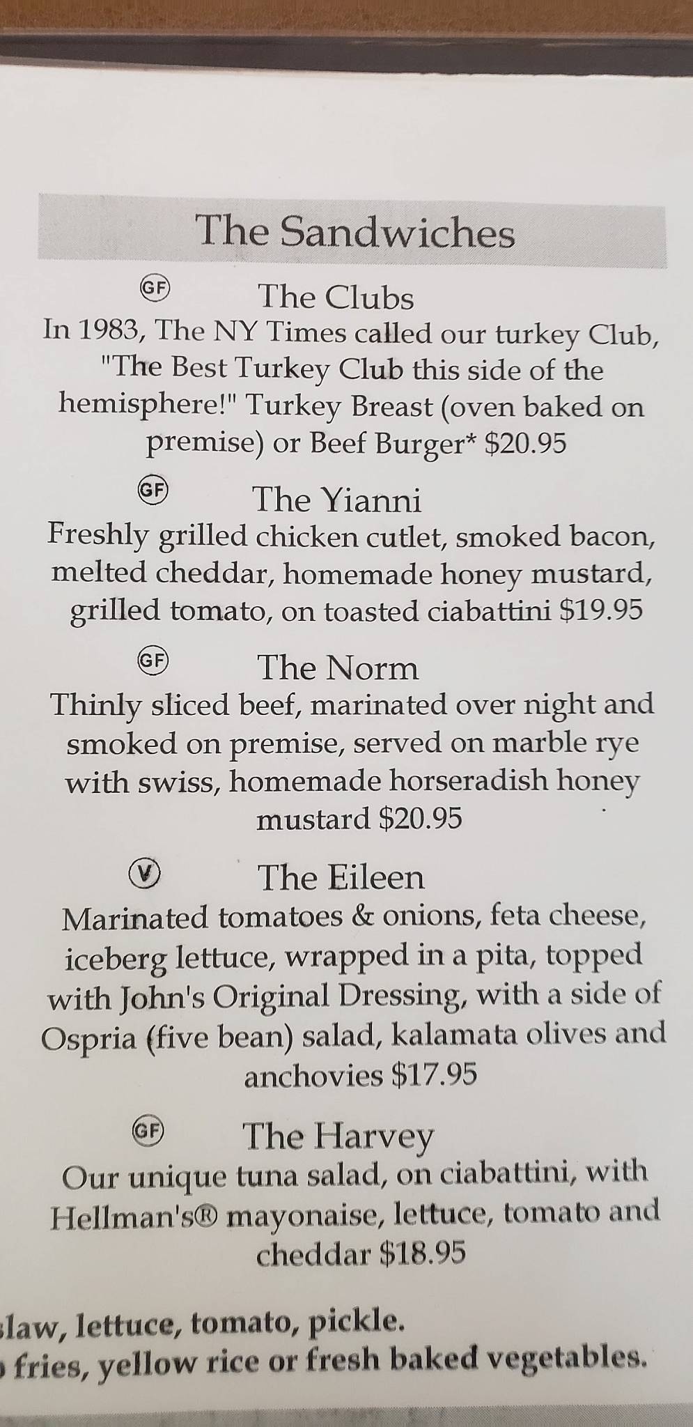 Menu at Hellenic restaurant, East Marion