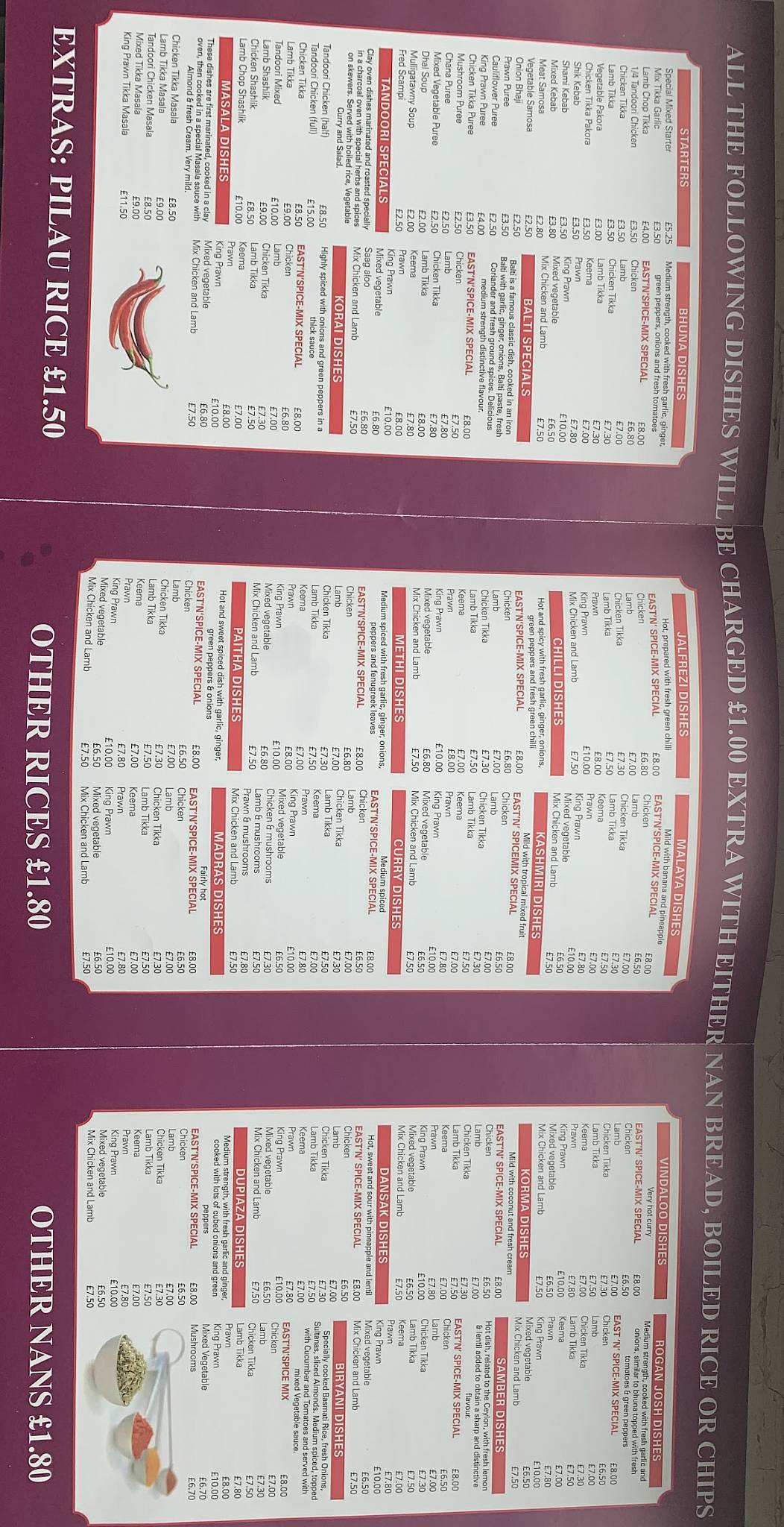 Menu at East & Spice fast food, Garstang