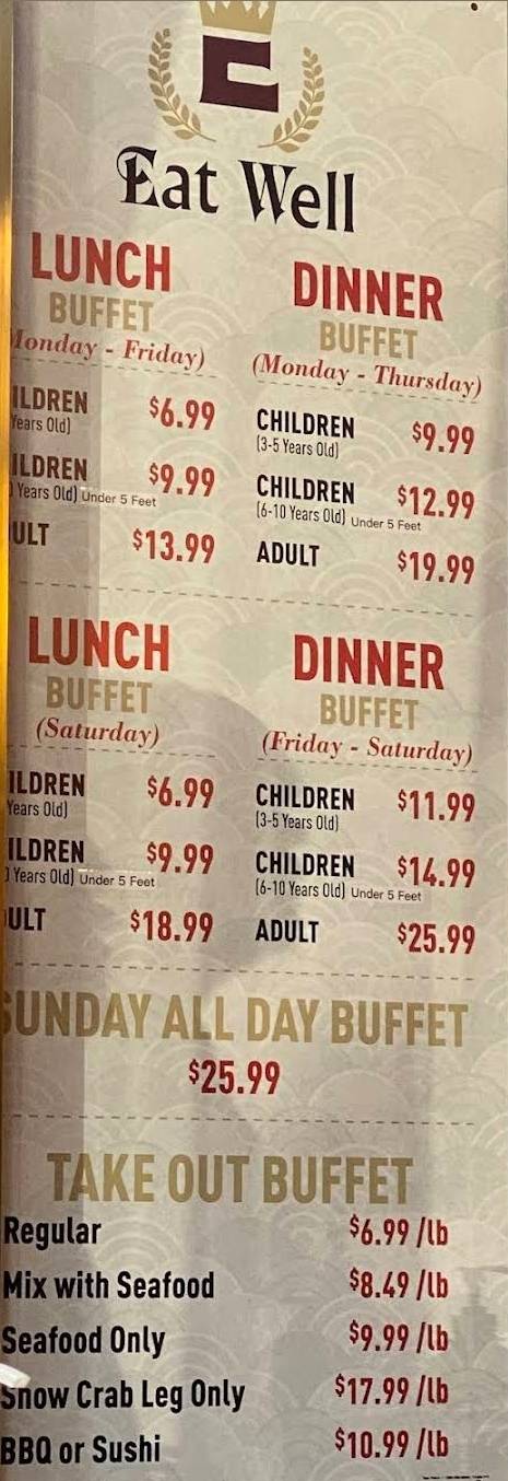 Menu at Eat Well Modern Buffet restaurant, North Plainfield