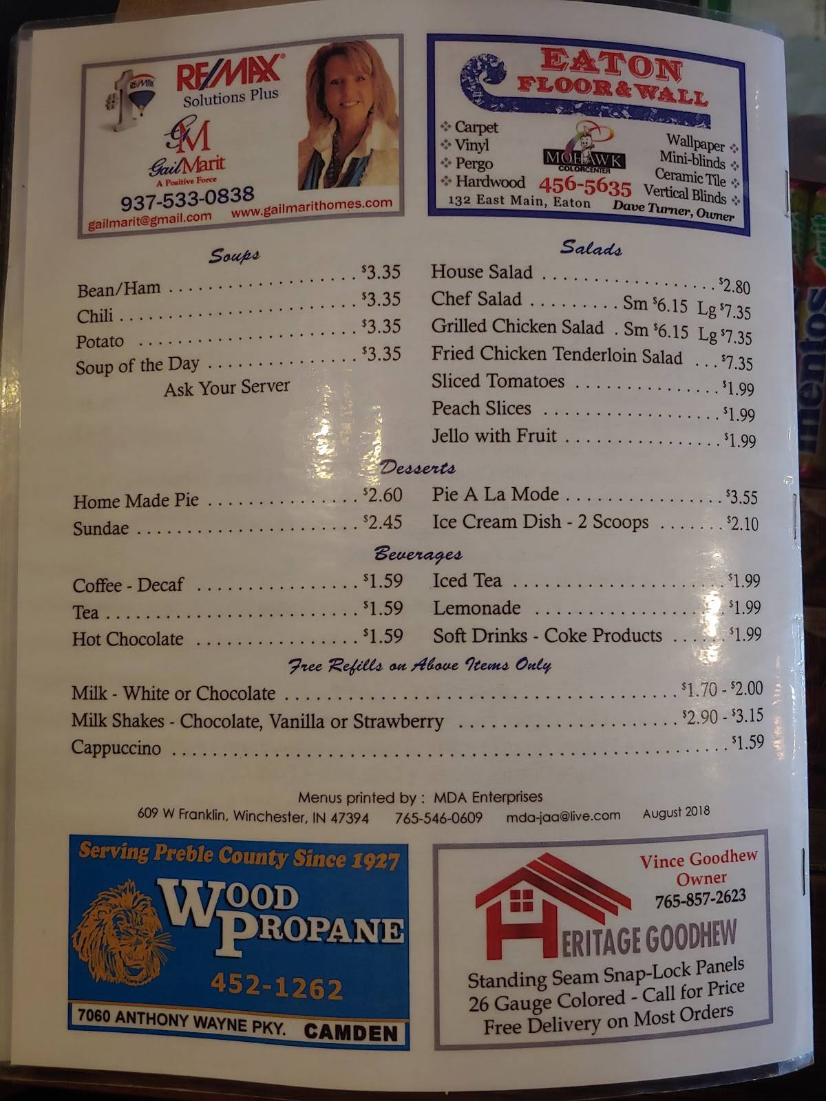 Menu at Eaton Place Restaurant, Eaton, 125 Eaton Lewisburg Rd
