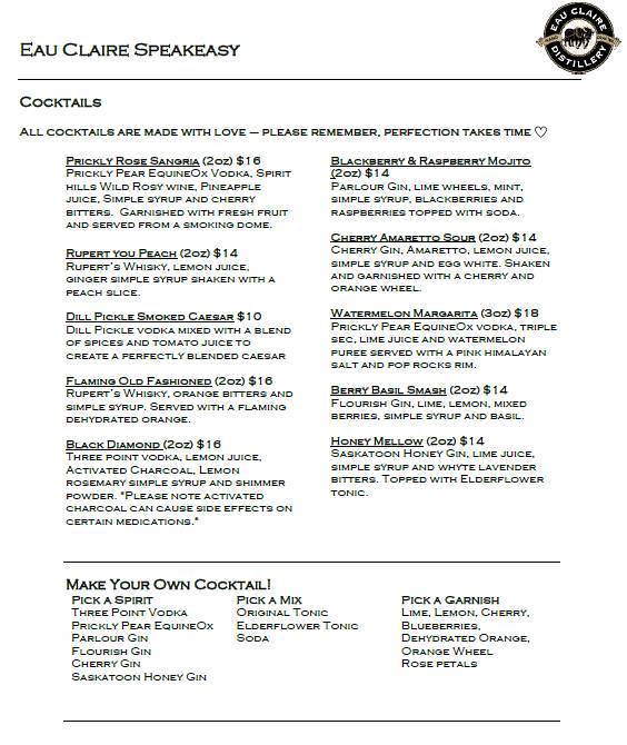 Carta del restaurante Eau Claire Distillery Speakeasy, Turner Valley