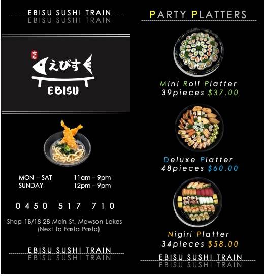 Menu at Ebisu Sushi restaurant, Mawson Lakes