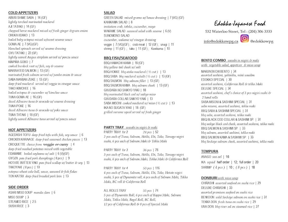 Menu at Edokko Japanese Food restaurant, Winnipeg, 532 Waterloo St