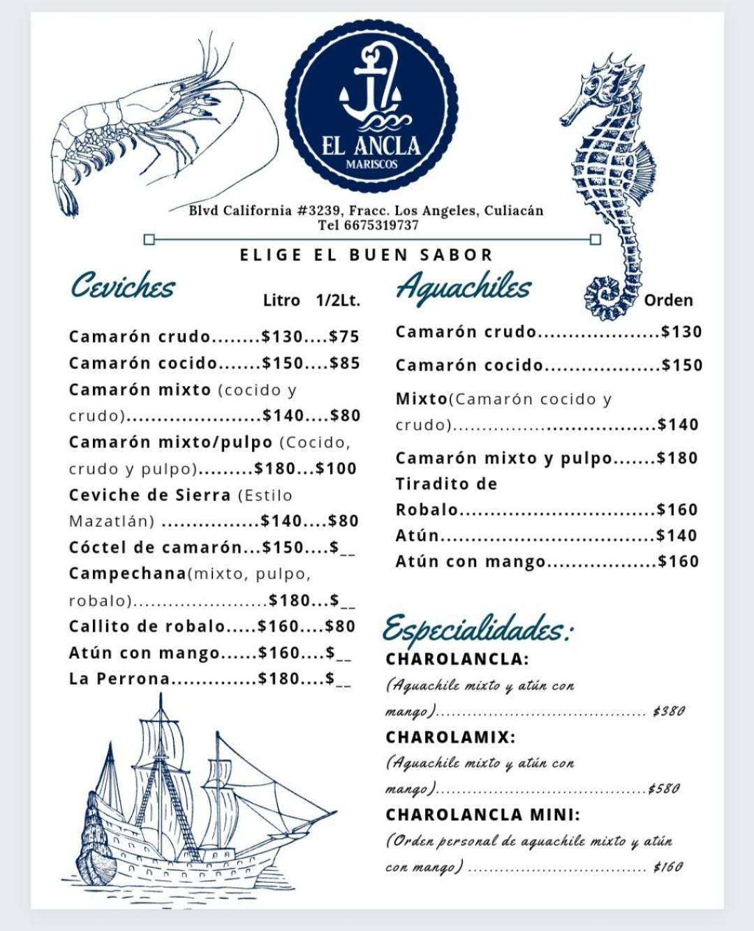 Carta del restaurante El Ancla Pescados y Mariscos, Culiacán Rosales