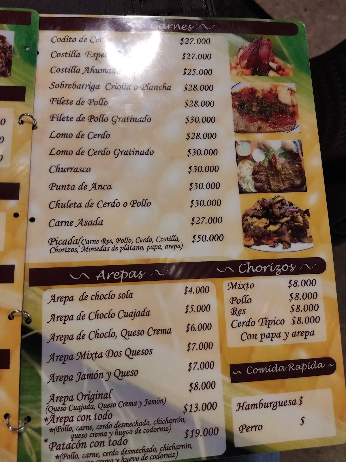 Menu at El Arepazo Especial restaurant, Cali