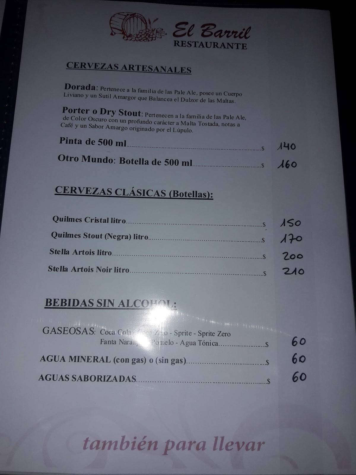 Carta de El Barril Restaurante, Mar Azul, Mar del Plata y 34