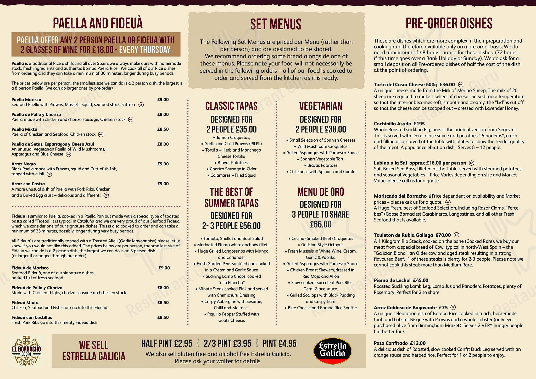 Menu at El Borracho de Oro restaurant, Birmingham