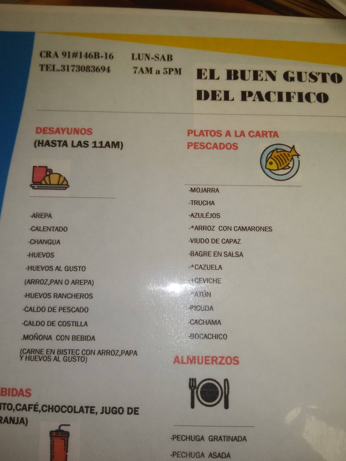 Menu at El Buen Gusto del Pacífico restaurant, Bogotá