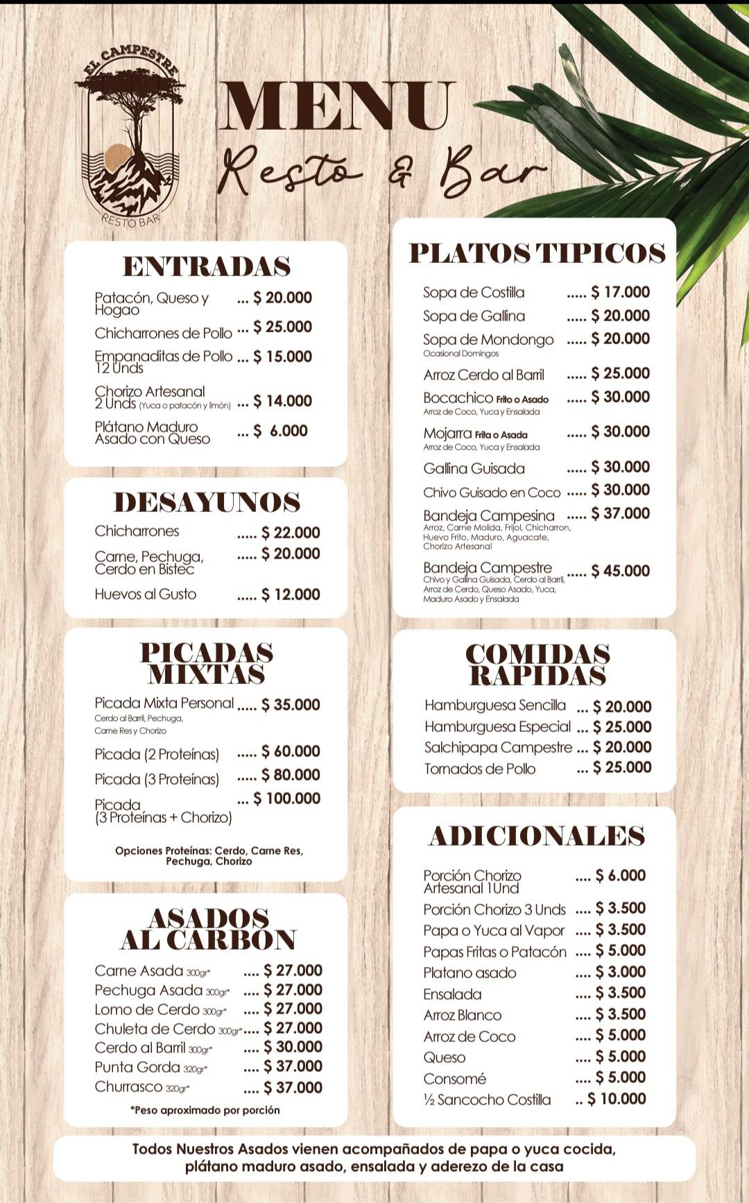 Carta de El Campestre Pasadías Restaurante y Bar, Valledupar