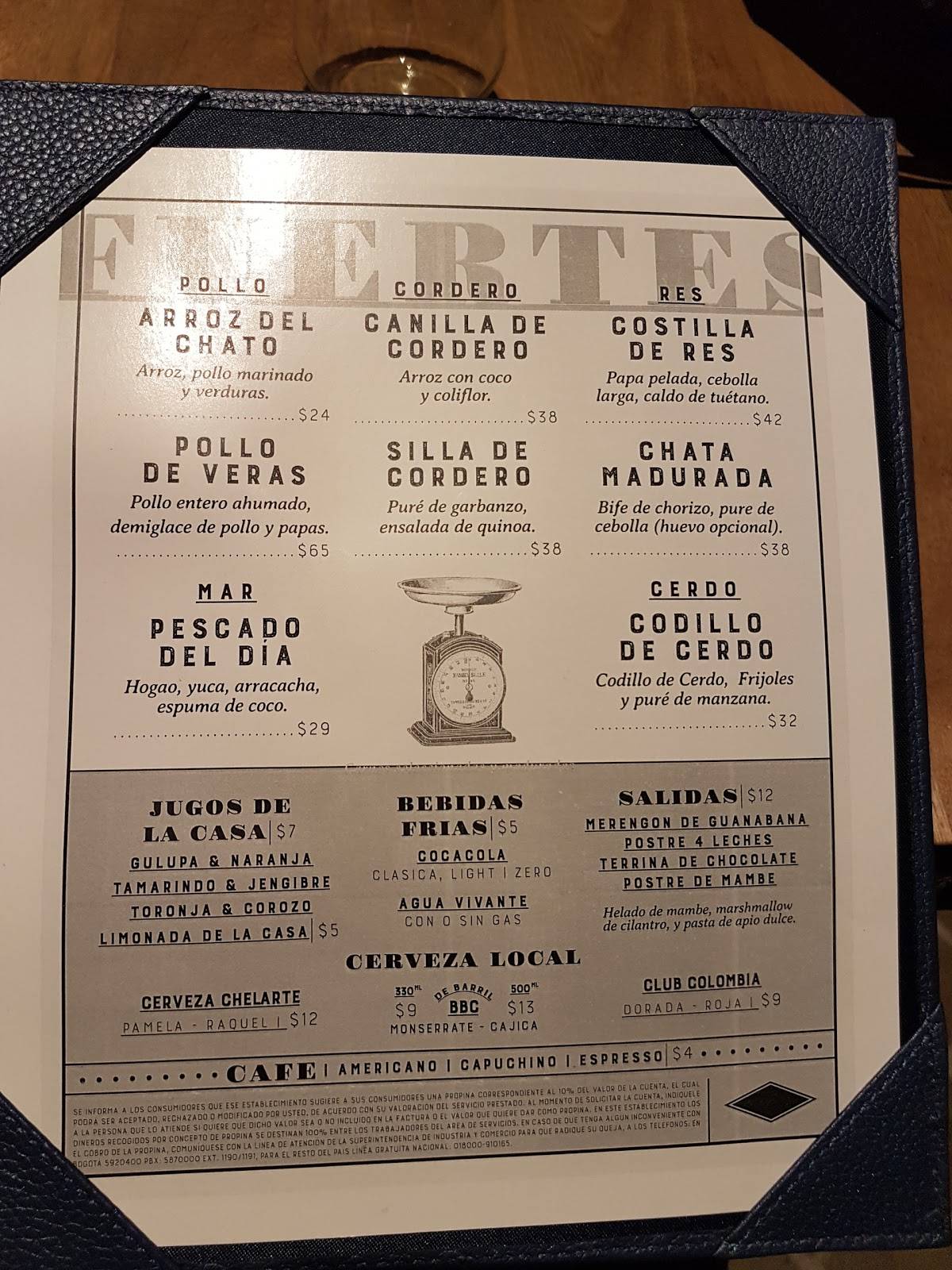 Carta del restaurante El Chato, Bogotá