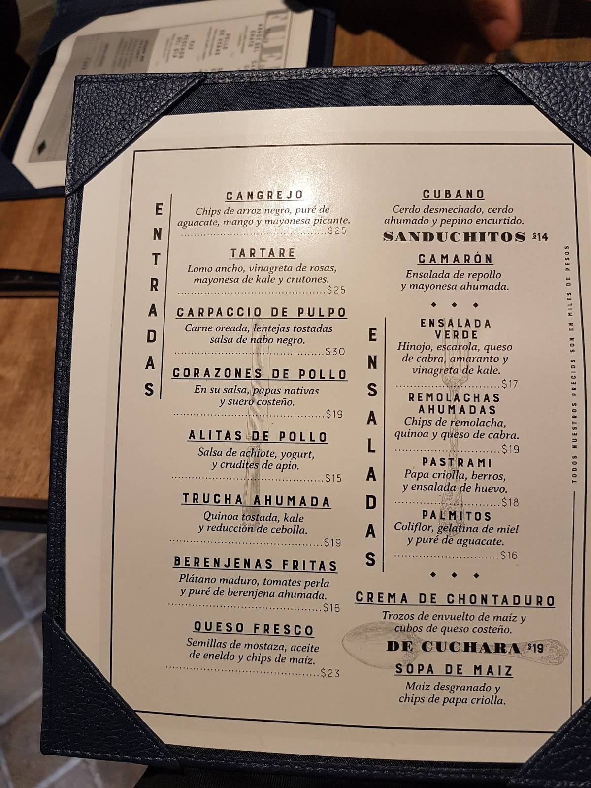 Carta del restaurante El Chato, Bogotá