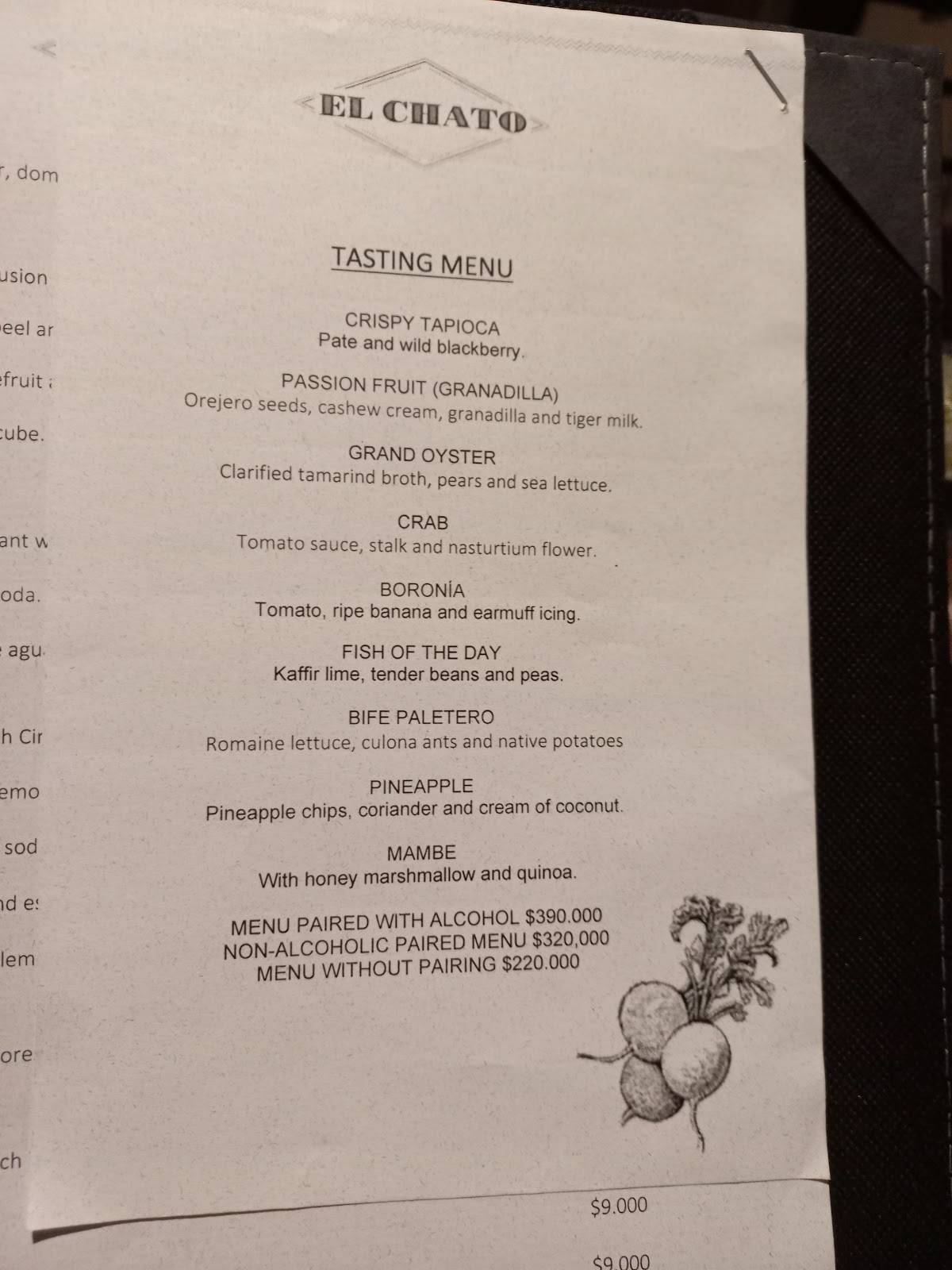 Carta del restaurante El Chato, Bogotá