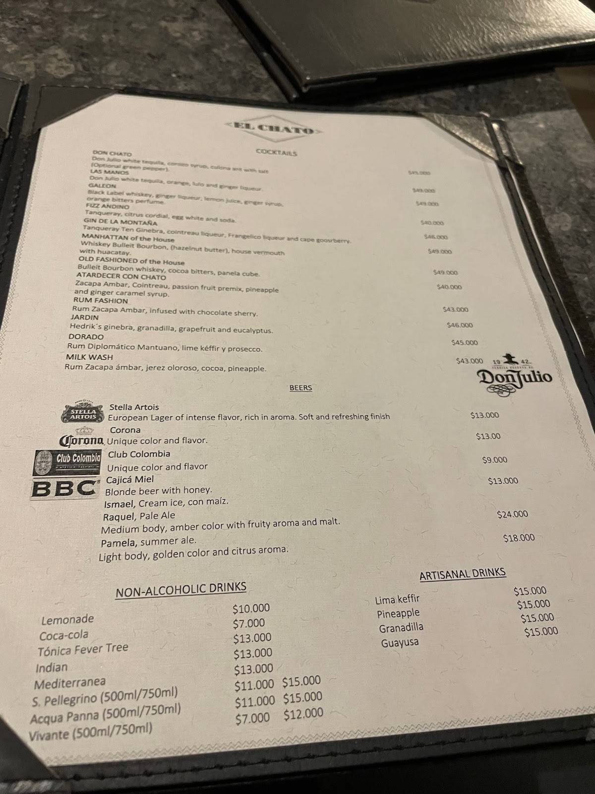 Carta del restaurante El Chato, Bogotá