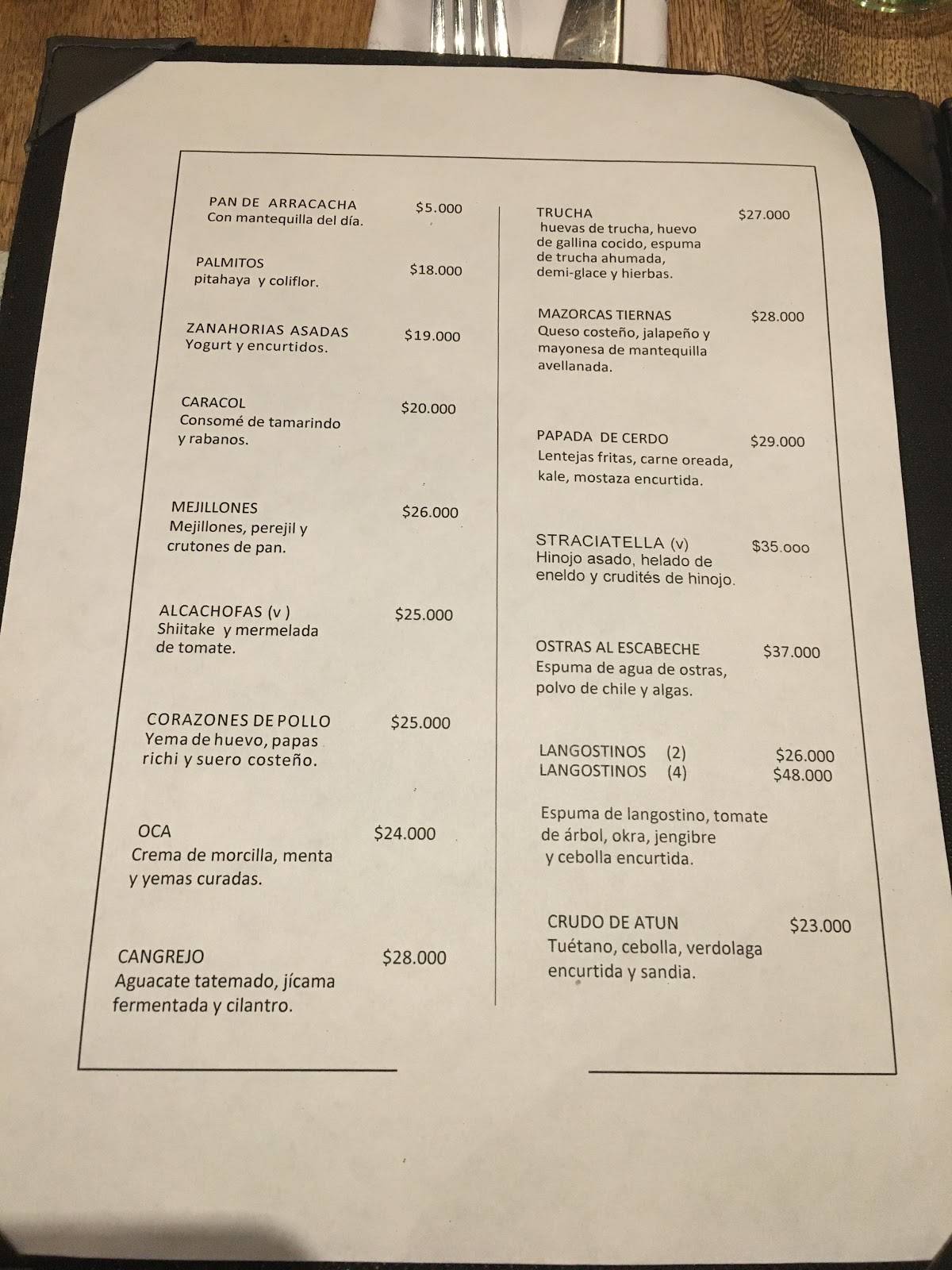 Carta del restaurante El Chato, Bogotá