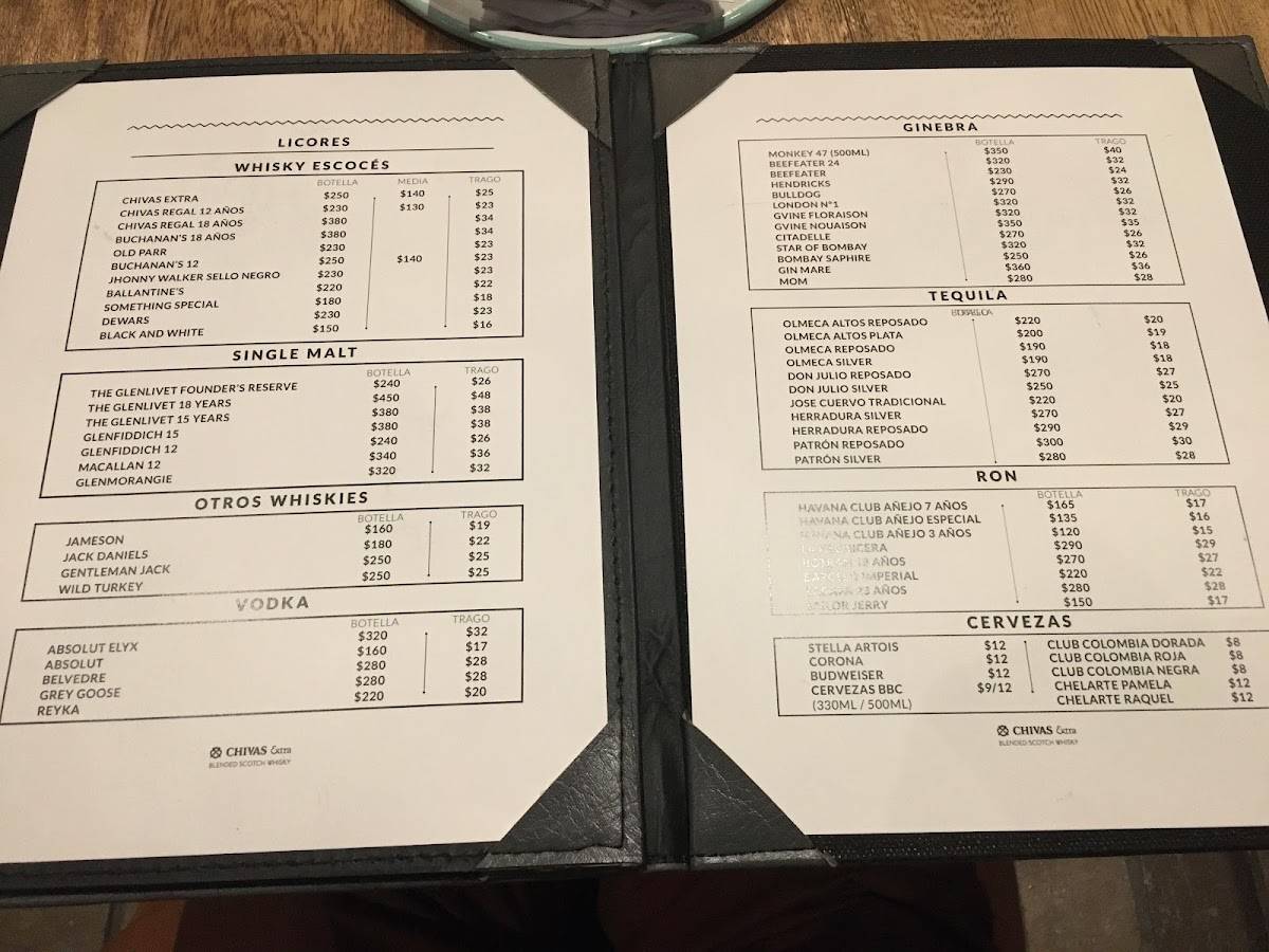 Carta del restaurante El Chato, Bogotá