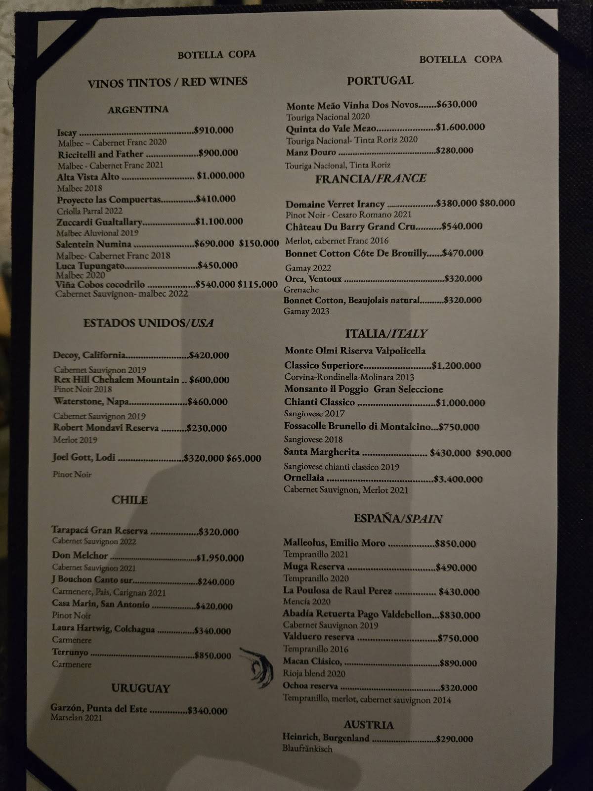 Carta del restaurante El Chato, Bogotá