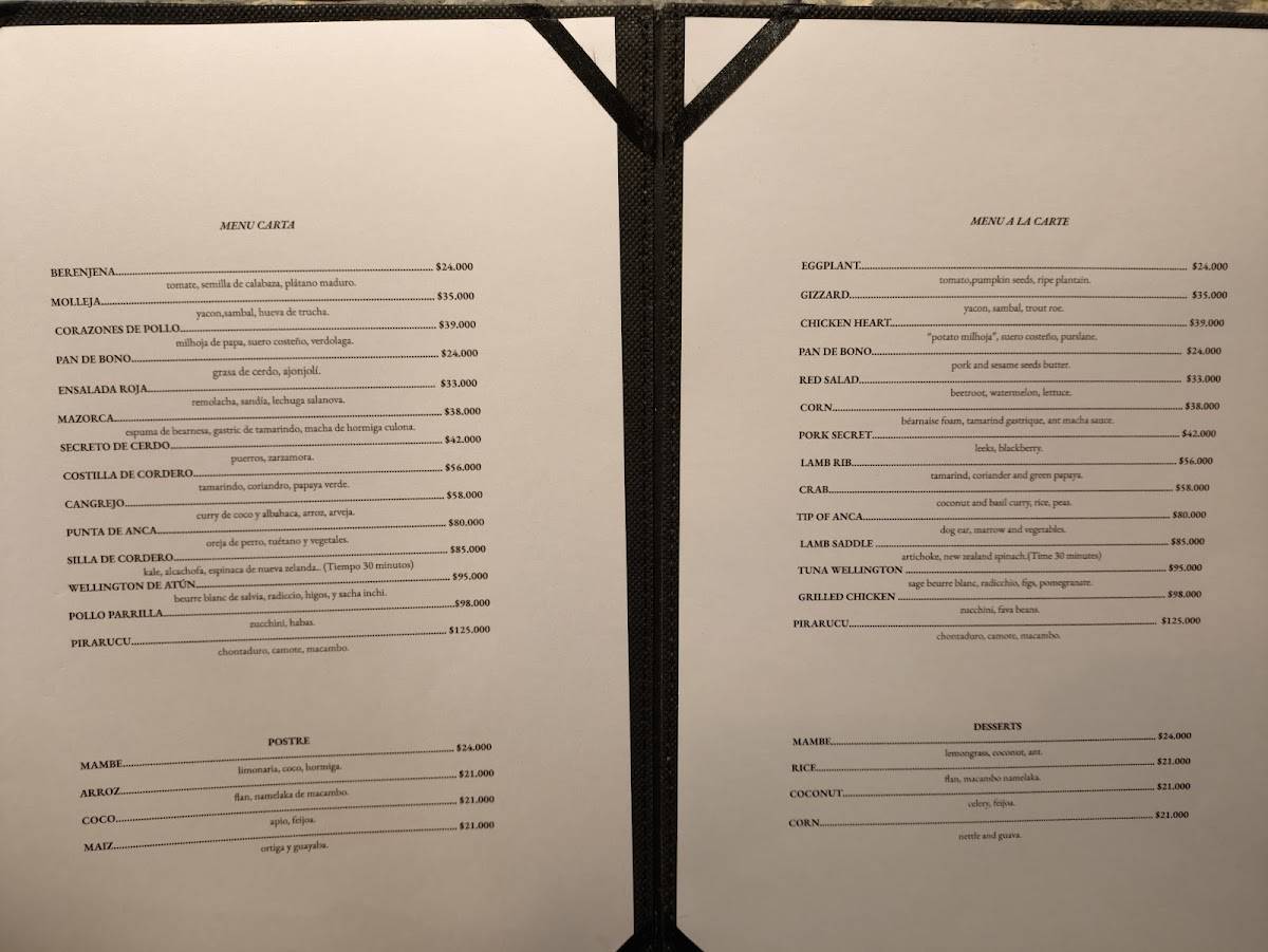 Menu at El Chato restaurant, Bogotá