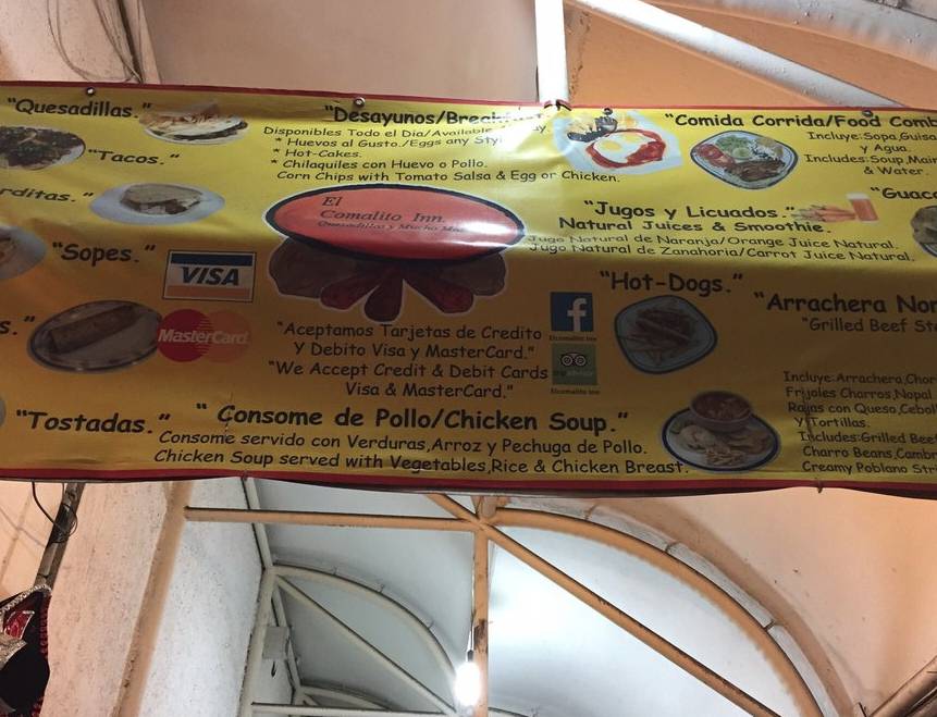 Menu at El Comalito Inn restaurant, Cancún, Plaza Quetzal