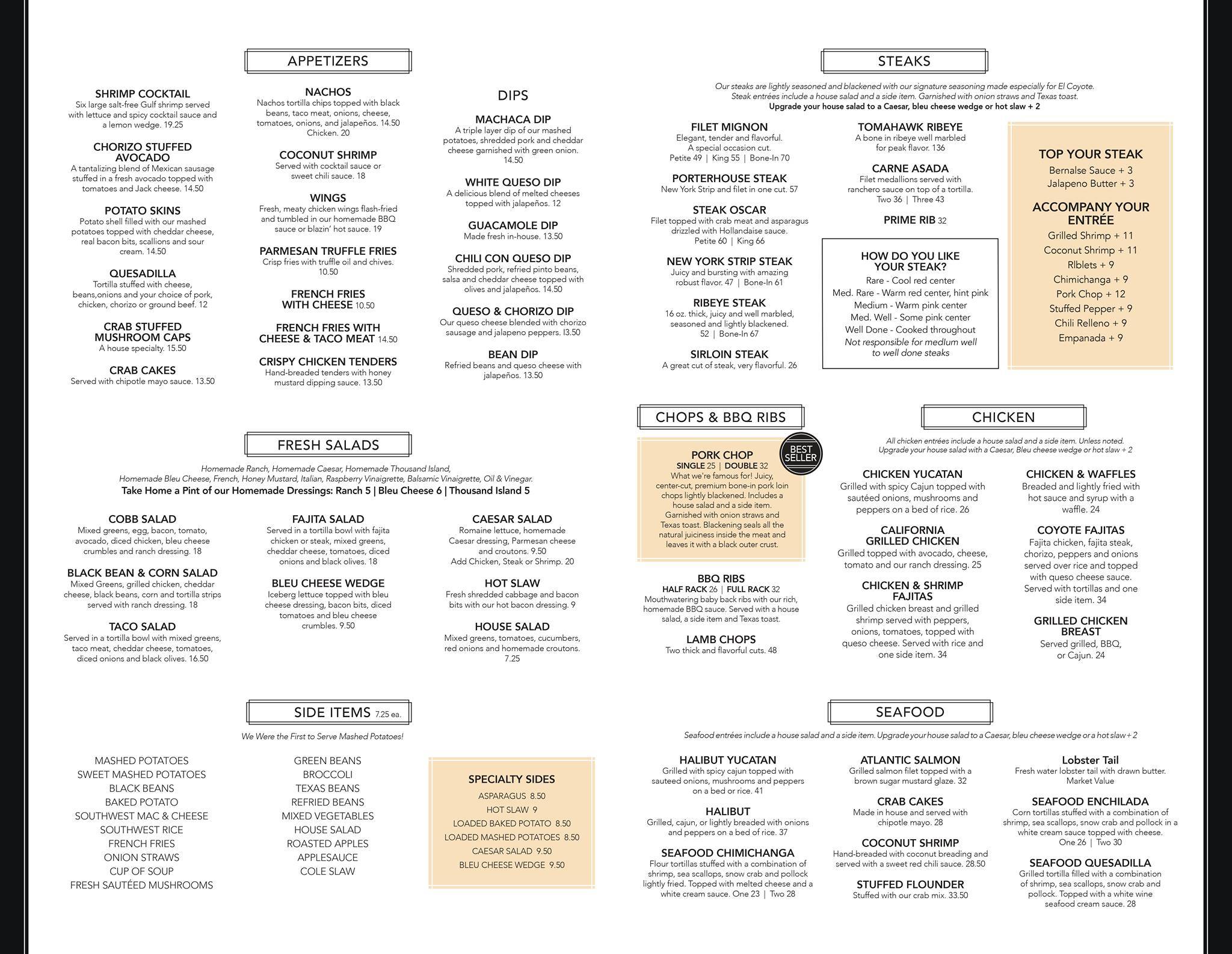 Menu at El Coyote Mexican Restaurant, Cincinnati, State Rd