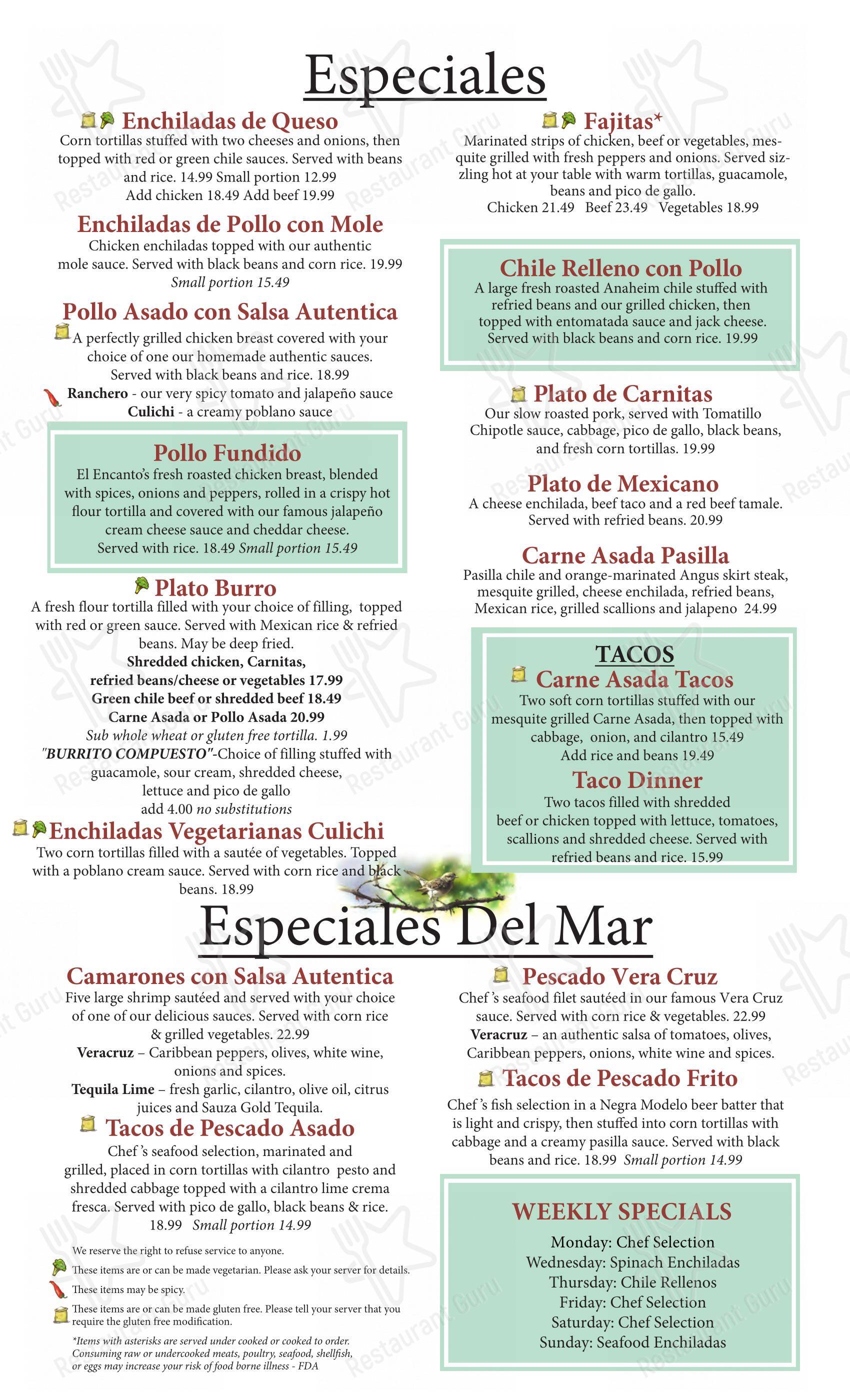 Menu at El Encanto restaurant, Cave Creek, E Cave Creek Rd