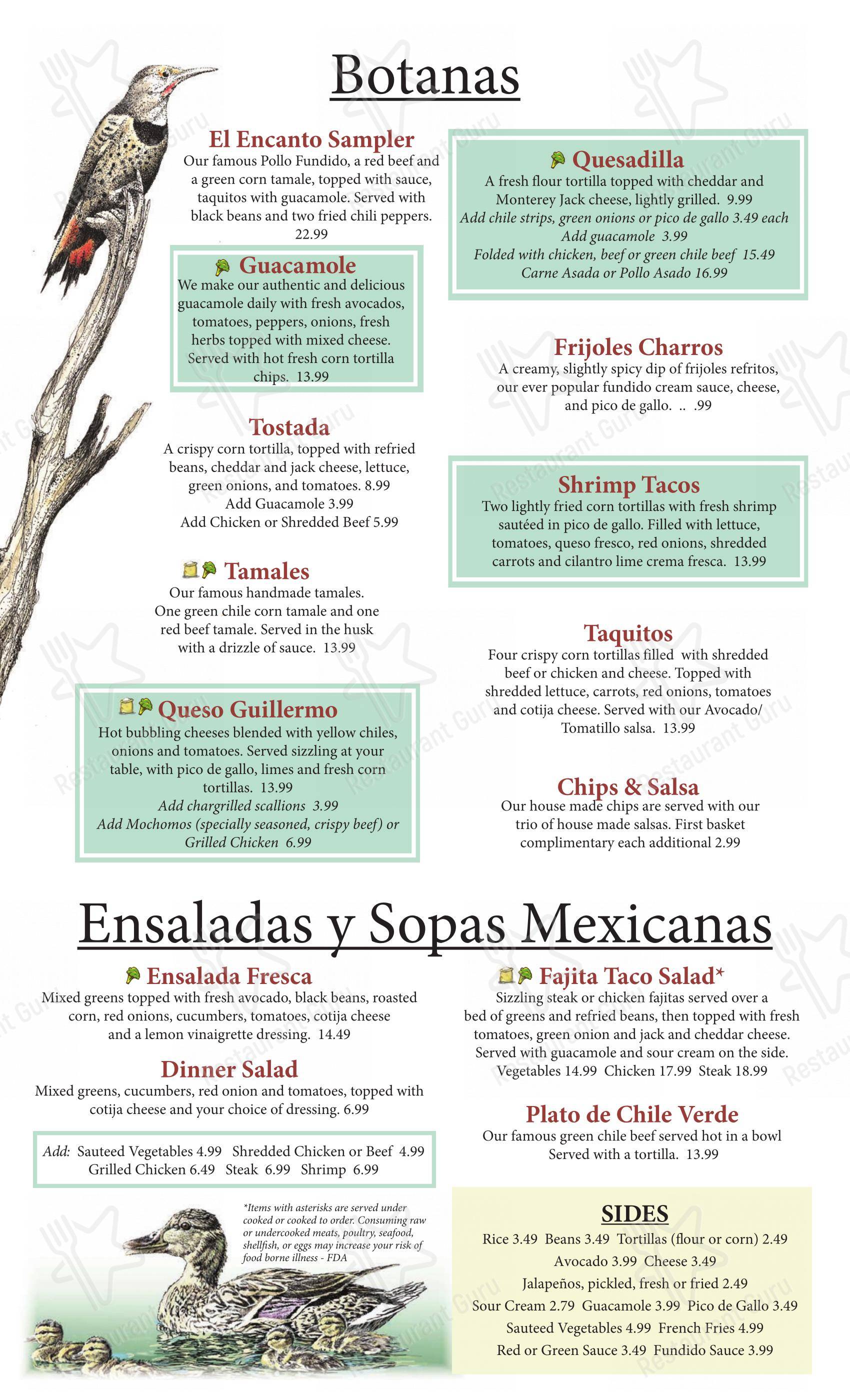 Menu at El Encanto restaurant, Cave Creek, E Cave Creek Rd