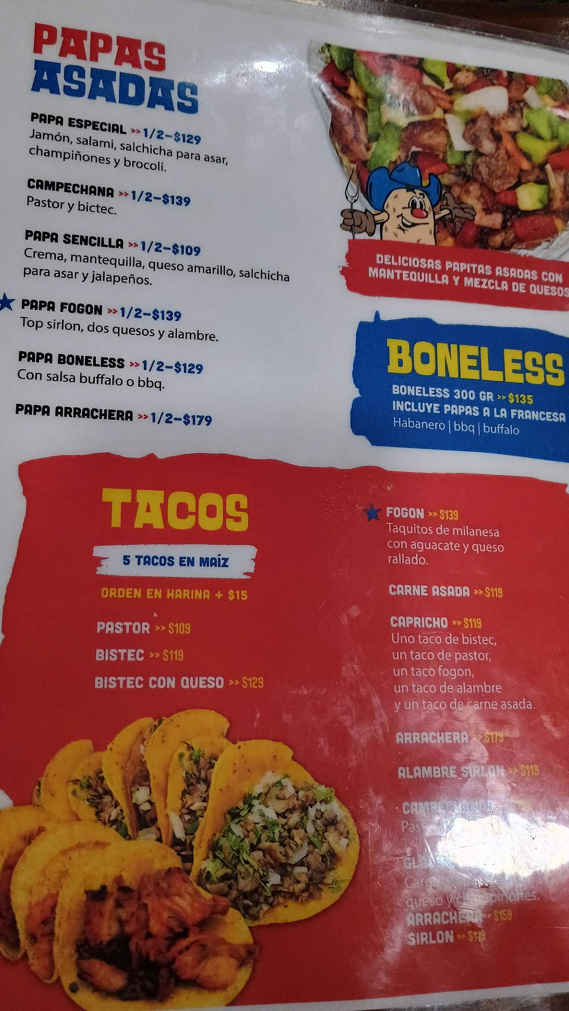 Carta del restaurante El Fogón, Saltillo, Luis Echeverría Álvarez 954