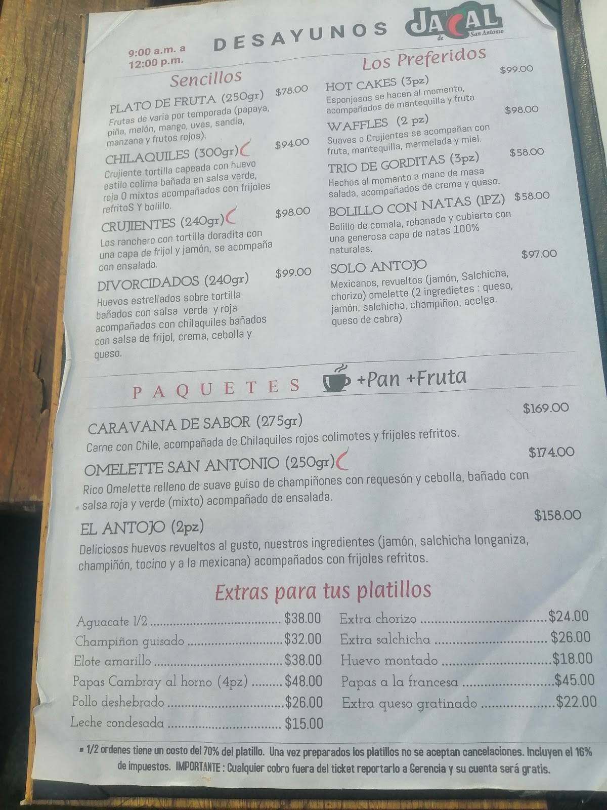 Carta de El Jacal de San Antonio Restaurante, Cofradía de Suchitlán