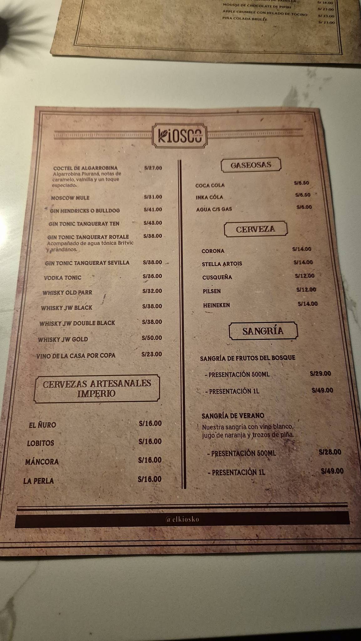 Carta del restaurante El Kiosco, Piura