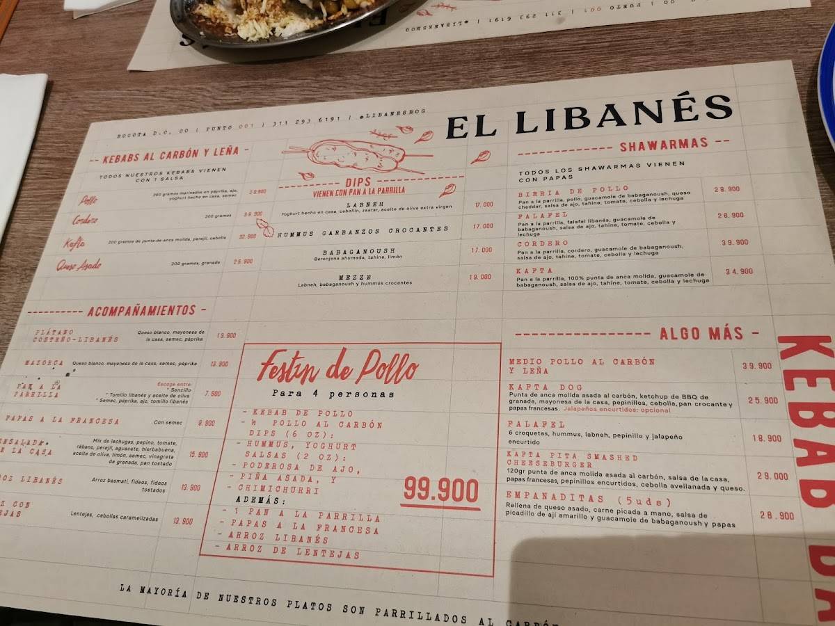 Carta del restaurante El Libanés, Bogotá