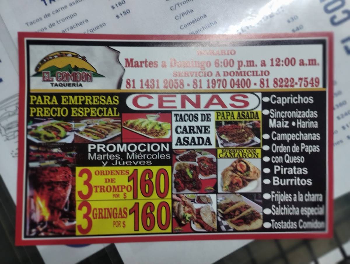 Carta del restaurante El Comidon Taquería, Guadalupe