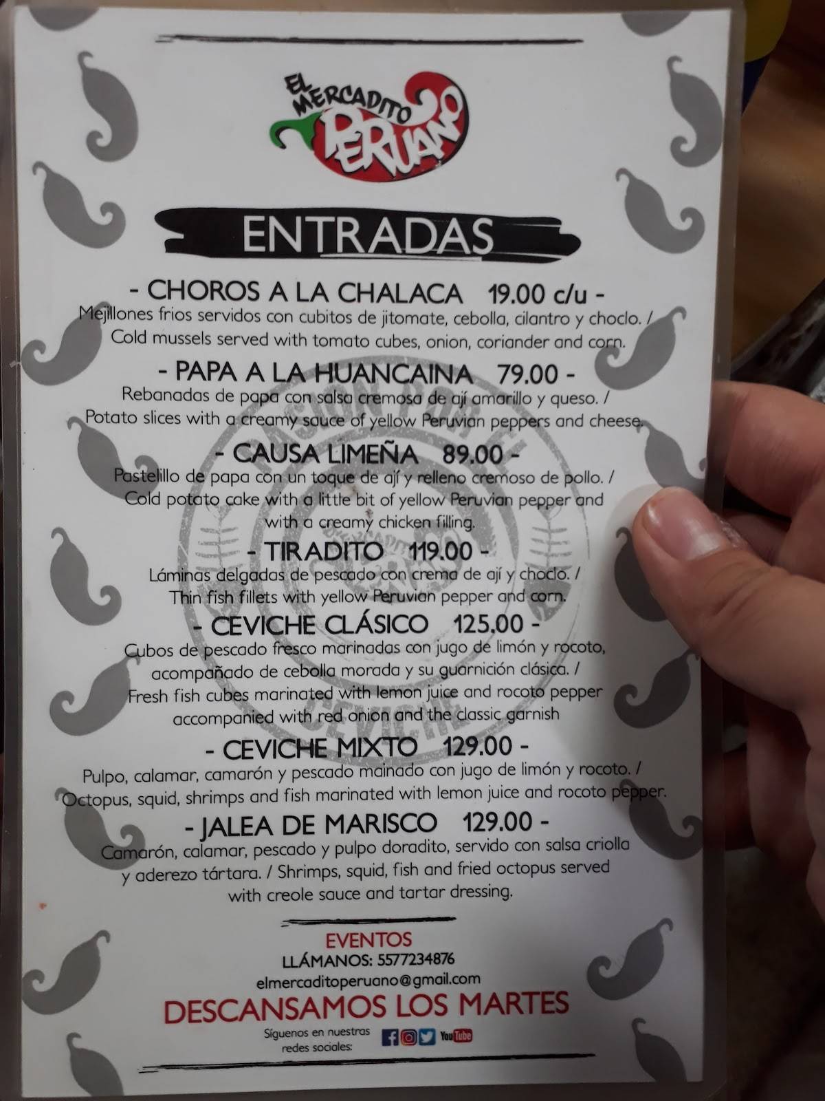 Carta del restaurante El Mercadito Peruano, Ciudad López Mateos, Calle ...