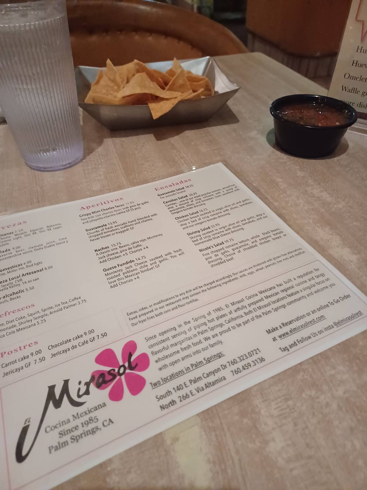 Menu at El Mirasol Cocina Mexicana restaurant, Palm Springs, 140 E Palm ...