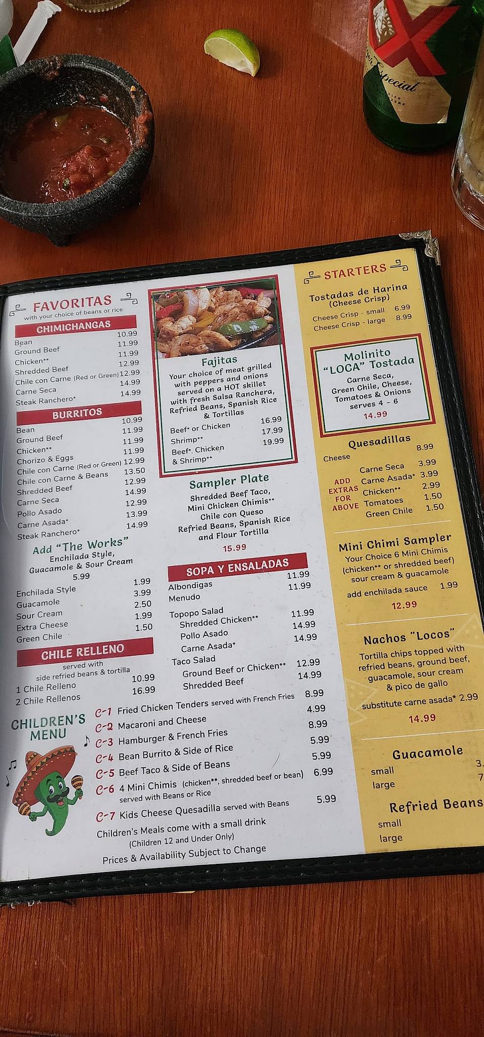 Menu at El Molinito restaurant, Tucson, E 22nd St