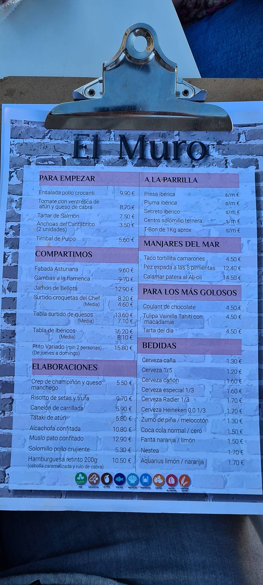 Carta del pub y bar El Muro, Santiponce