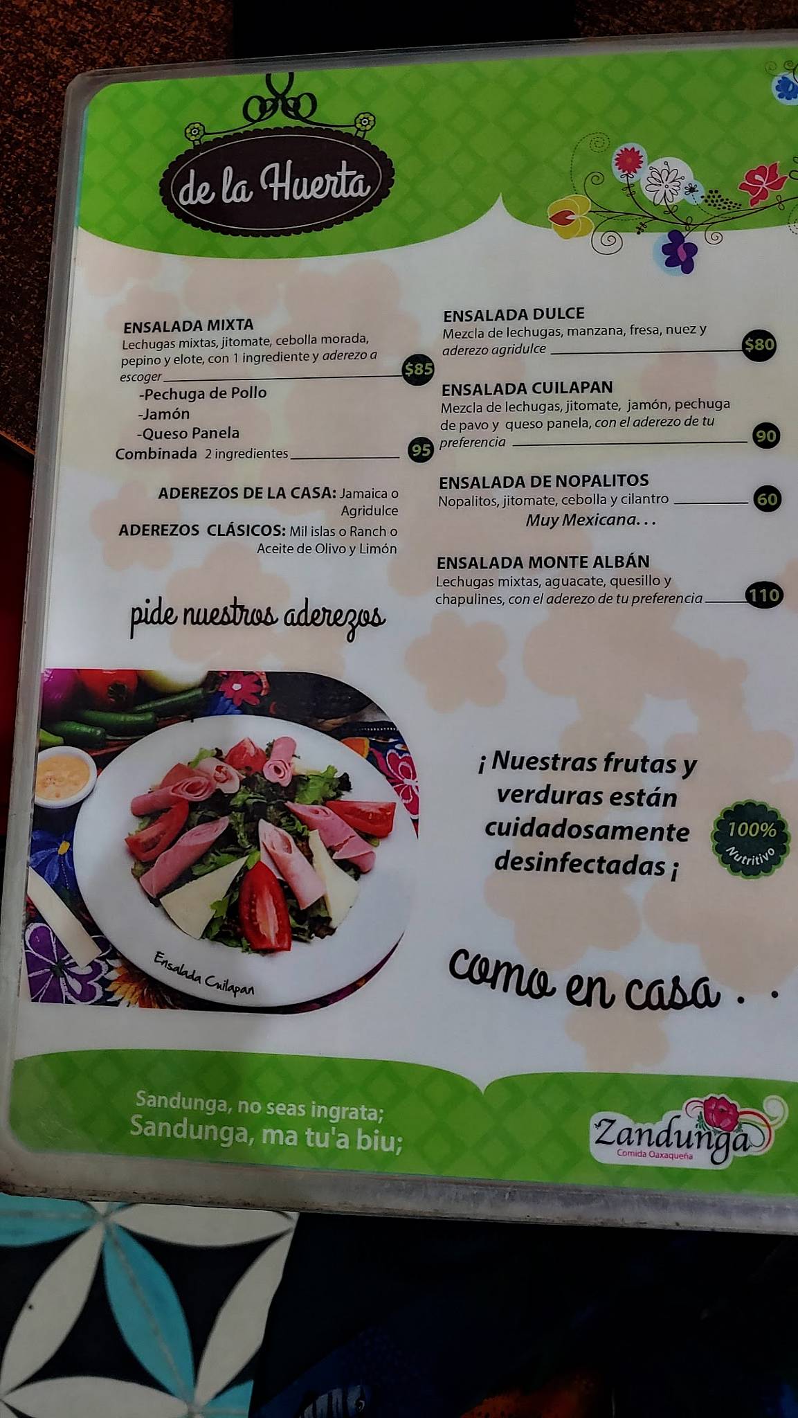 Carta de Restaurante Zandunga, Santiago de Querétaro