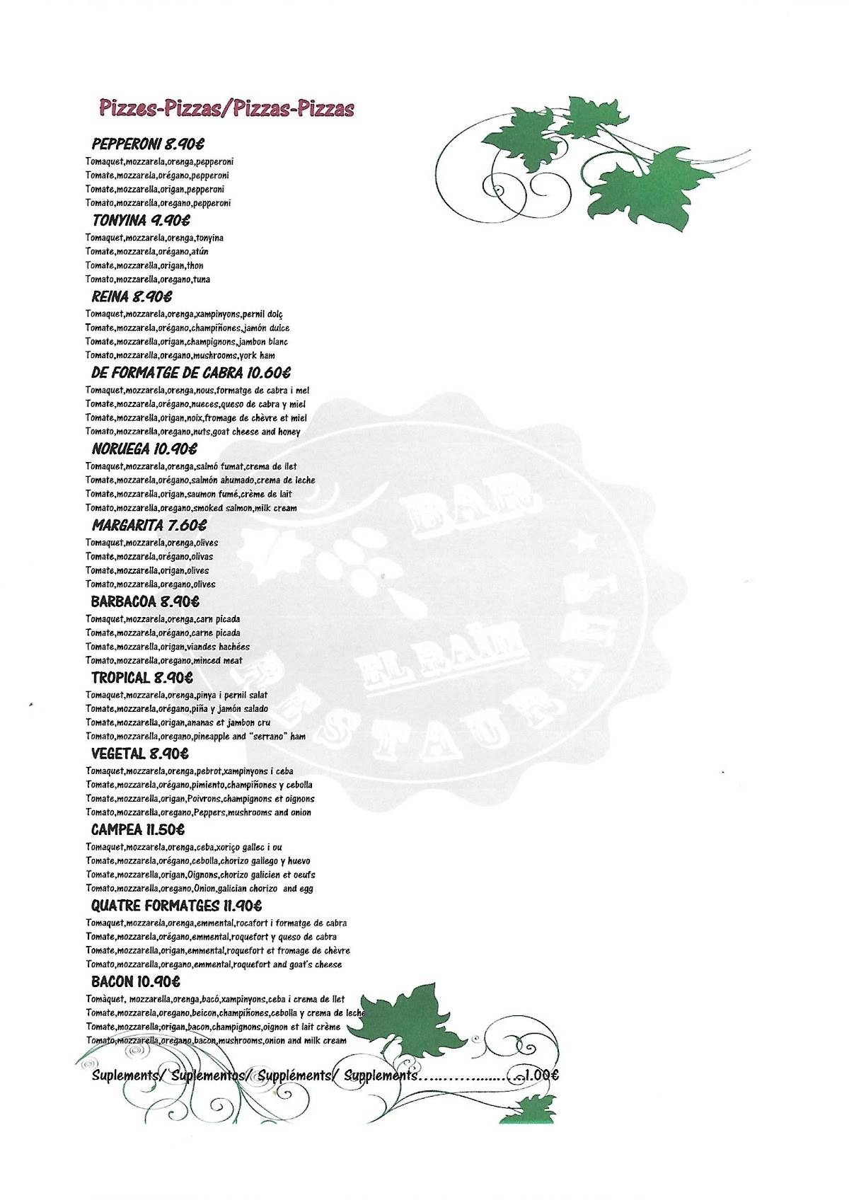 Carta de El Raïm Bar restaurant, Andorra la Vieja