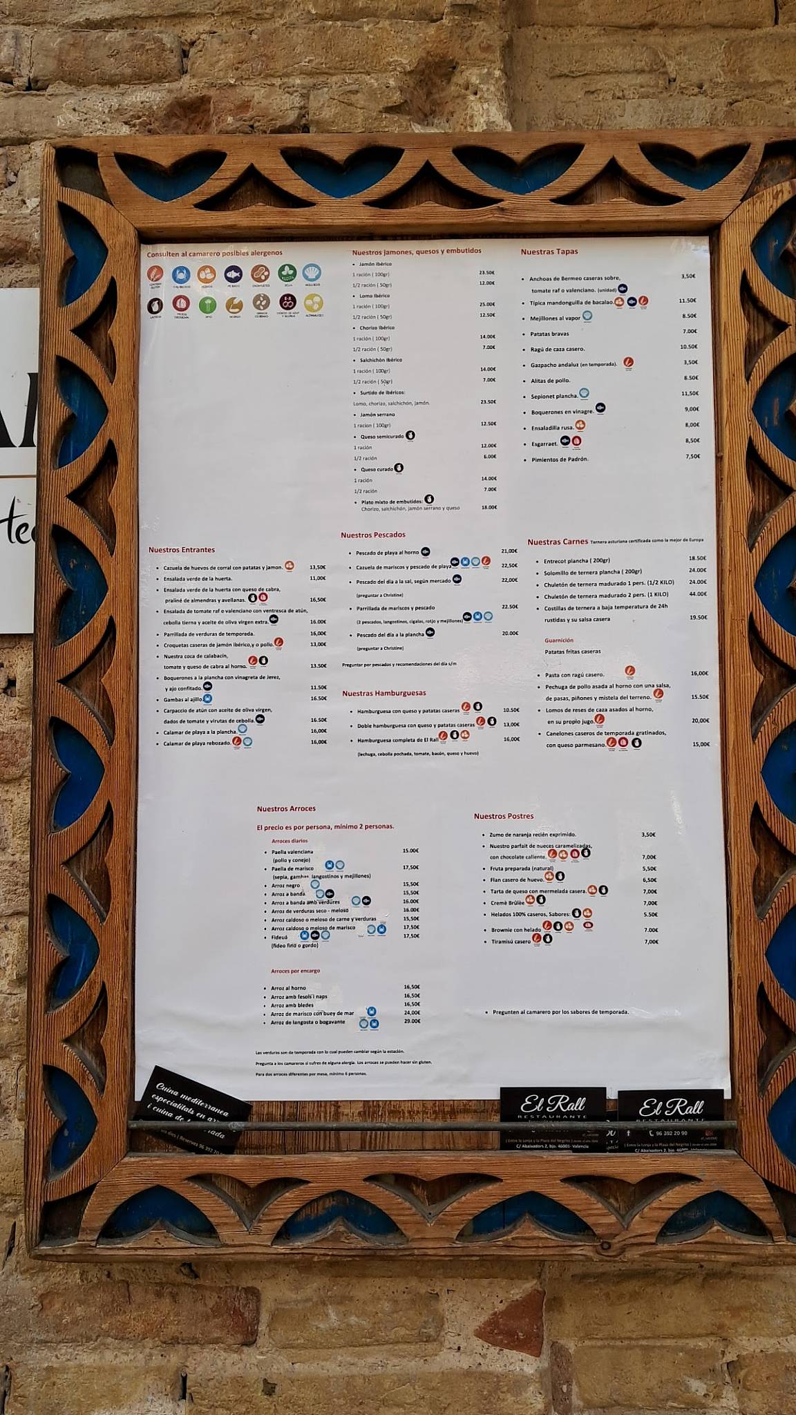 Carta de Restaurante El Rall, Valencia