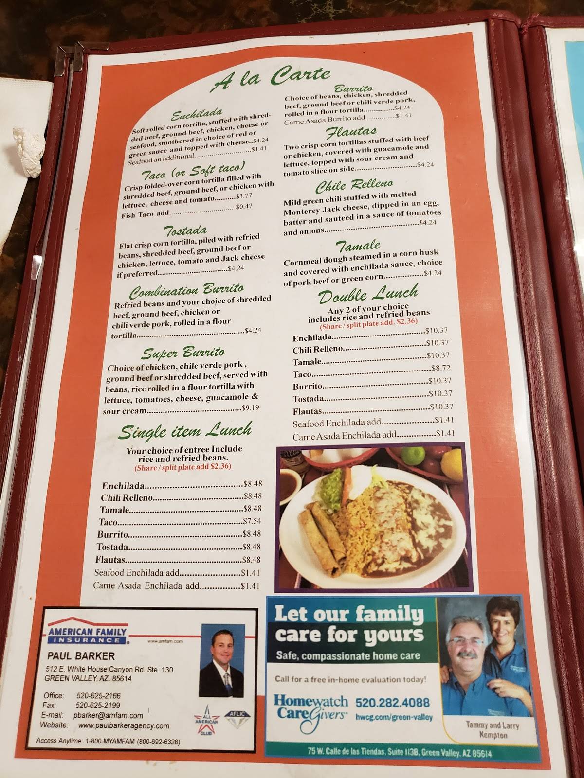 Menu at El Rodeo Mexican Food restaurant, Green Valley