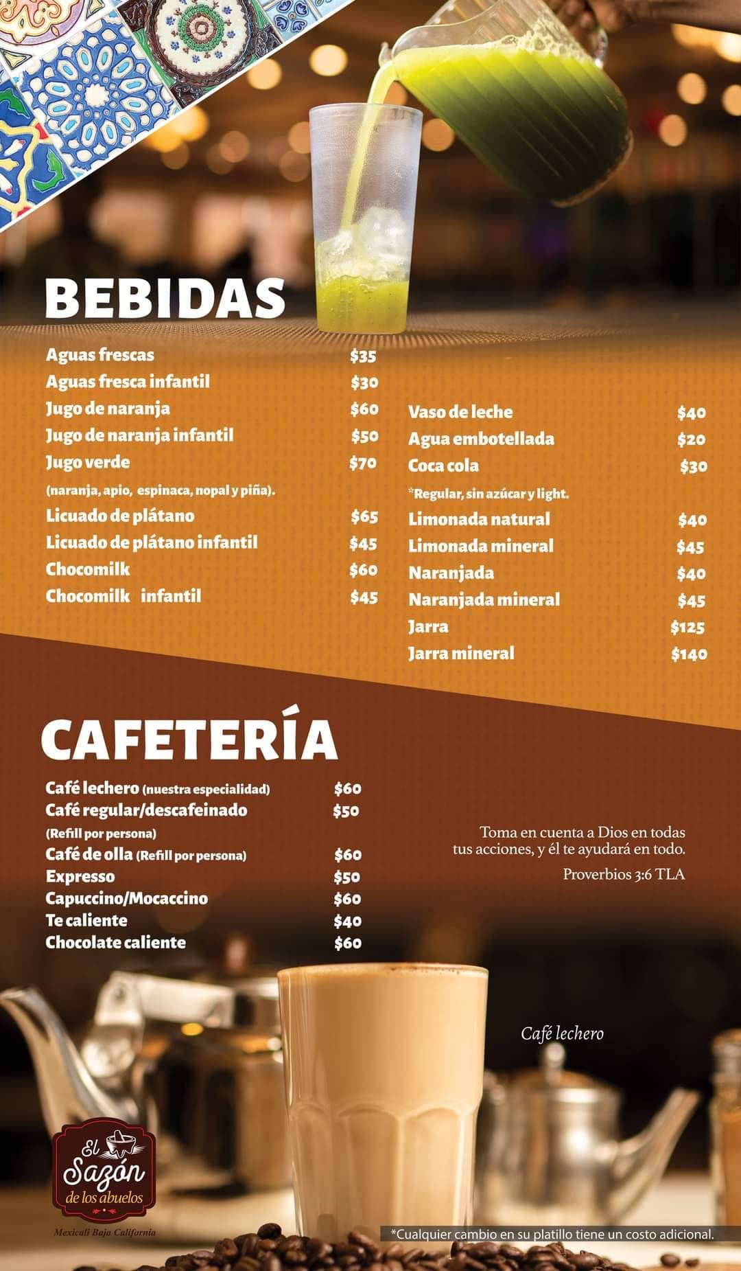 Menu at El Sazón de los Abuelos restaurant, Mexicali