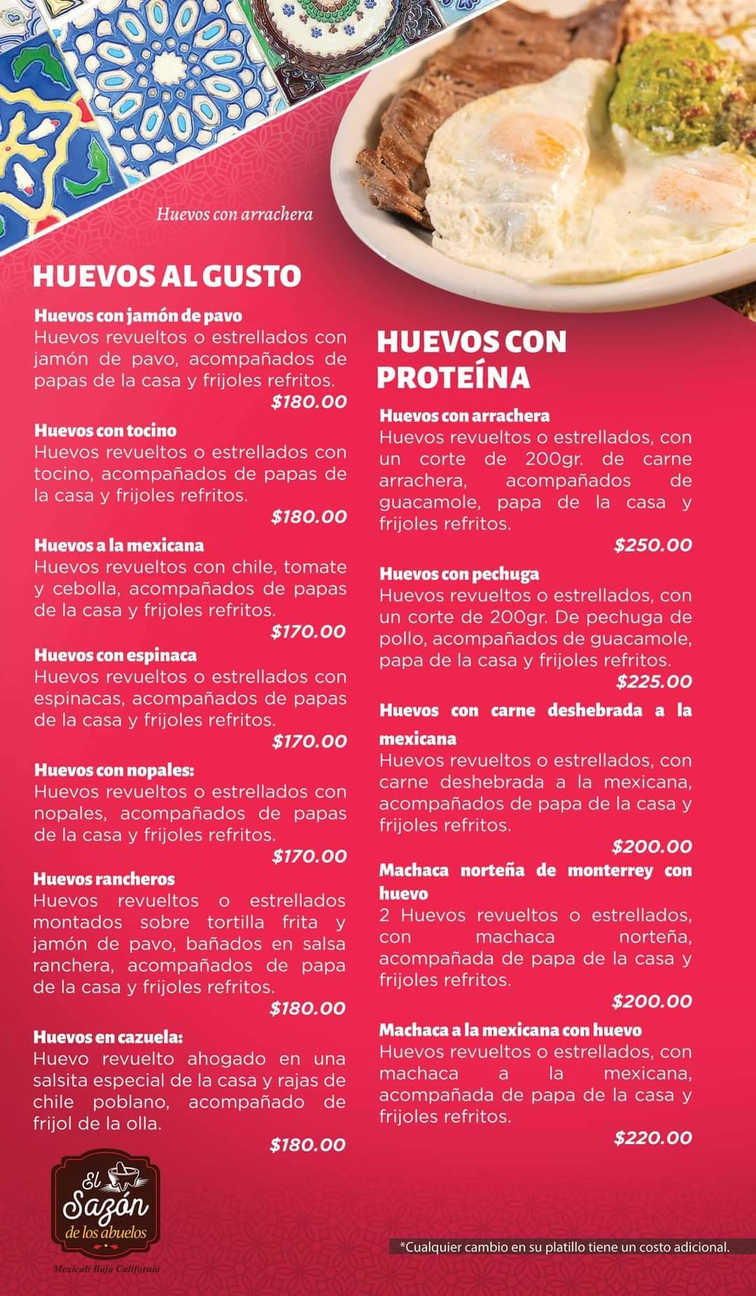 Menu at El Sazón de los Abuelos restaurant, Mexicali