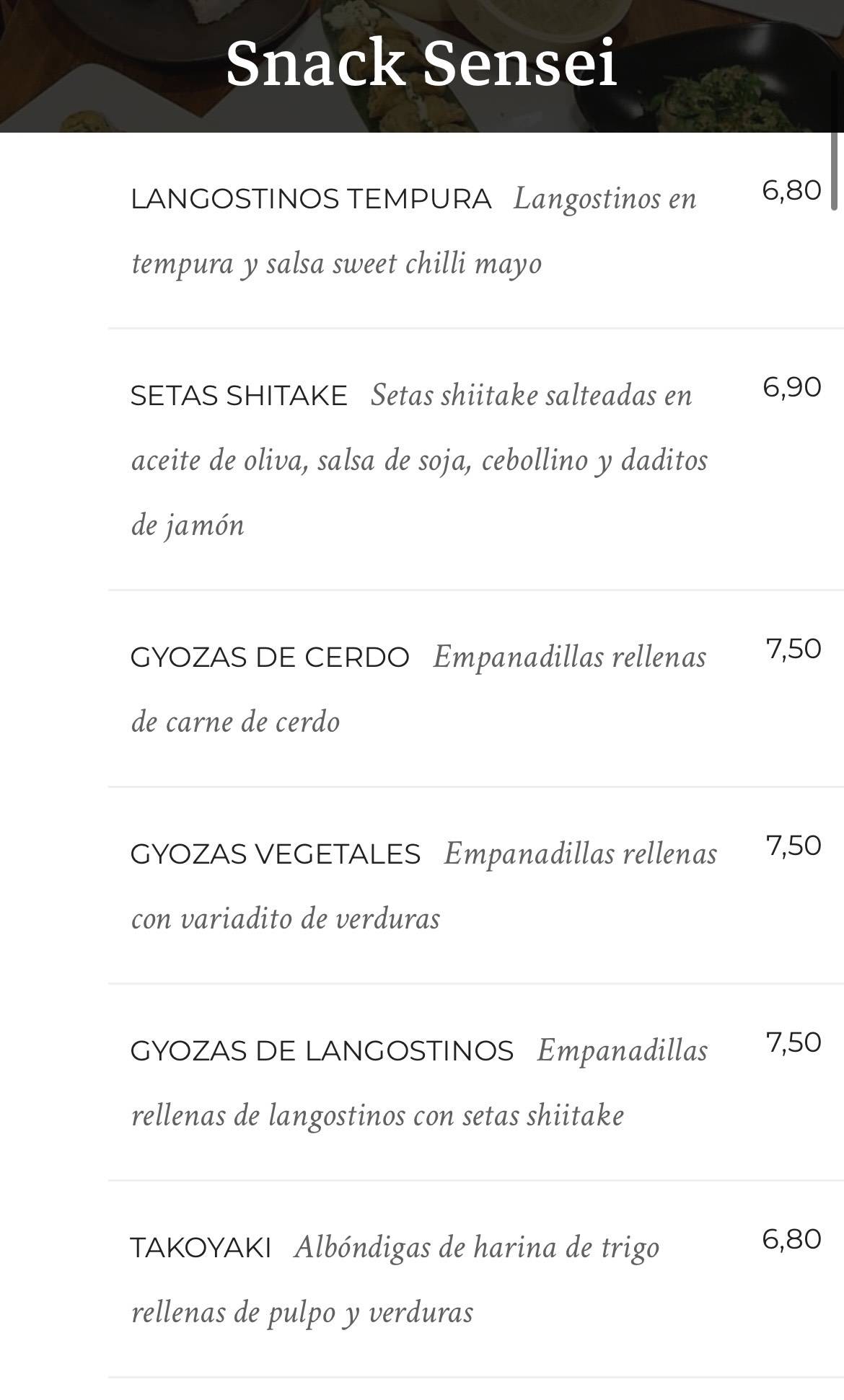 Carta del restaurante El Templo del Sensei, Vigo