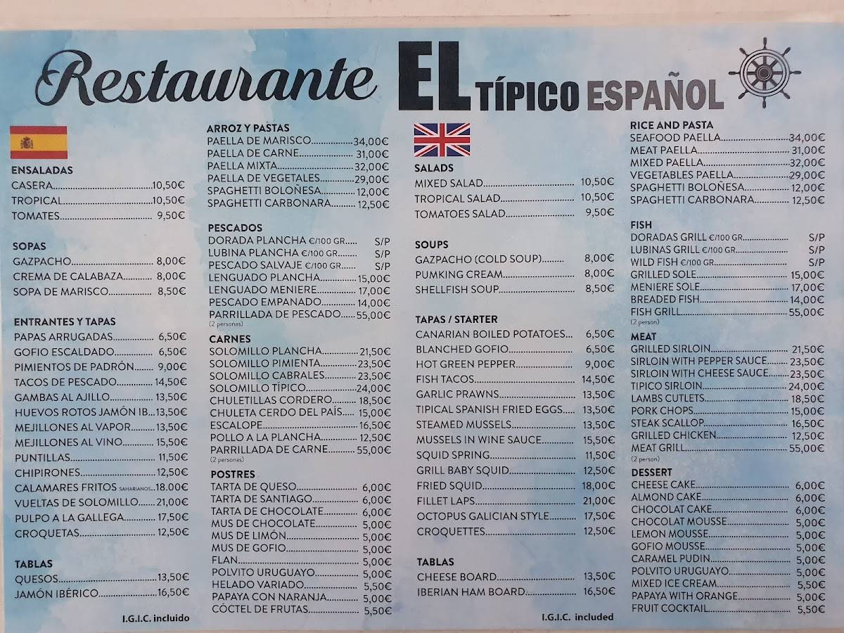 Carta del restaurante El Tipico Español, Las Palmas del Gran Canaria