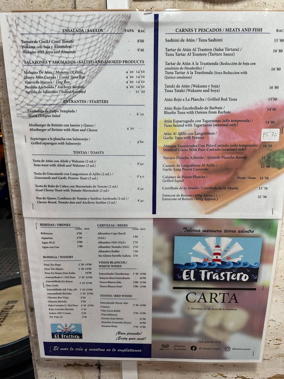 Carta del pub y bar El Trastero Tapas, Jerez del la Frontera