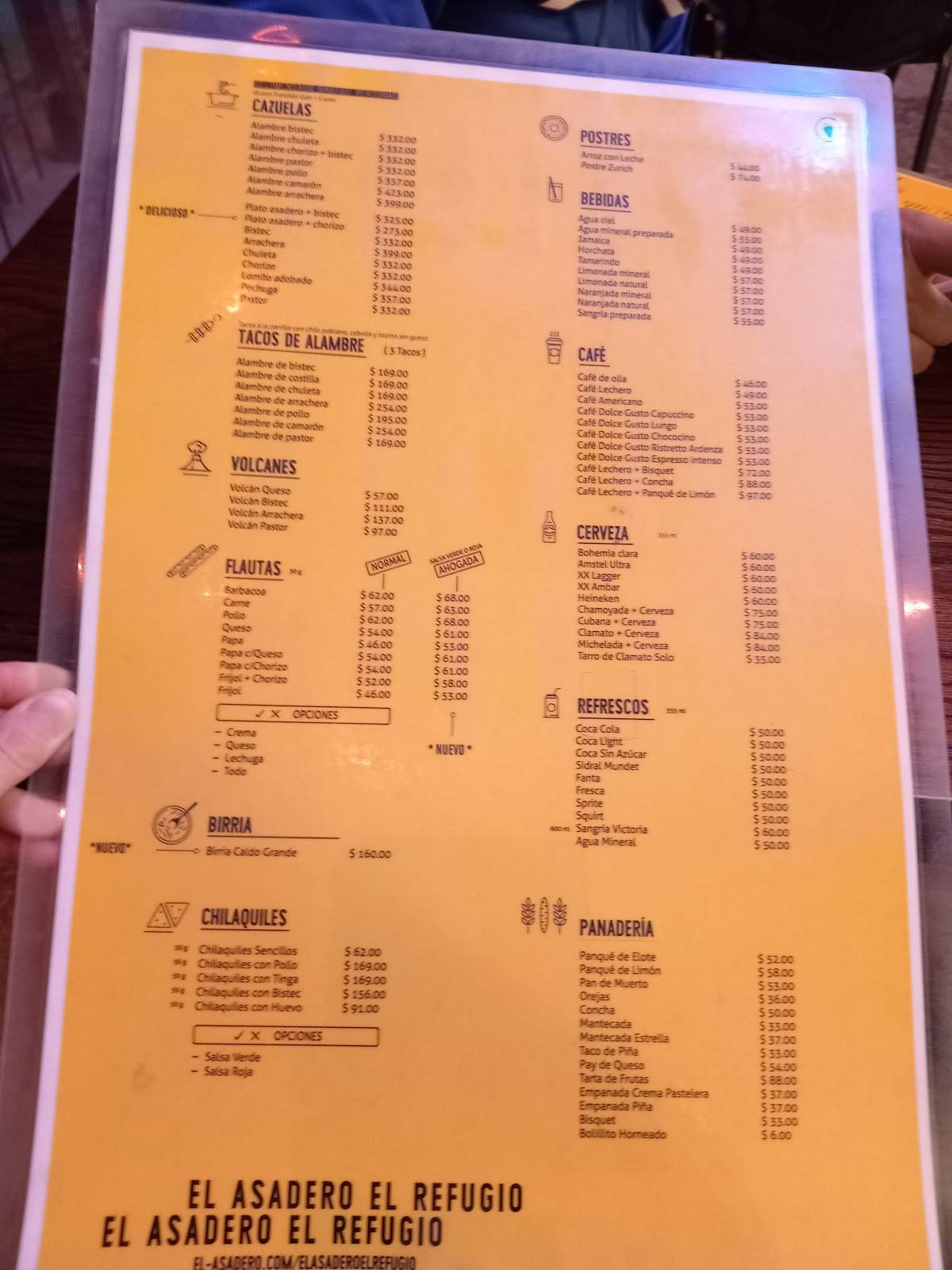 Menu at El asadero "refugio" restaurant, Santiago de Querétaro